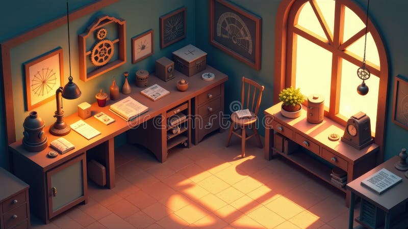 Cozy Vintage Study Room with Sunset Light Stock Illustration - Illustration of design, clock ...