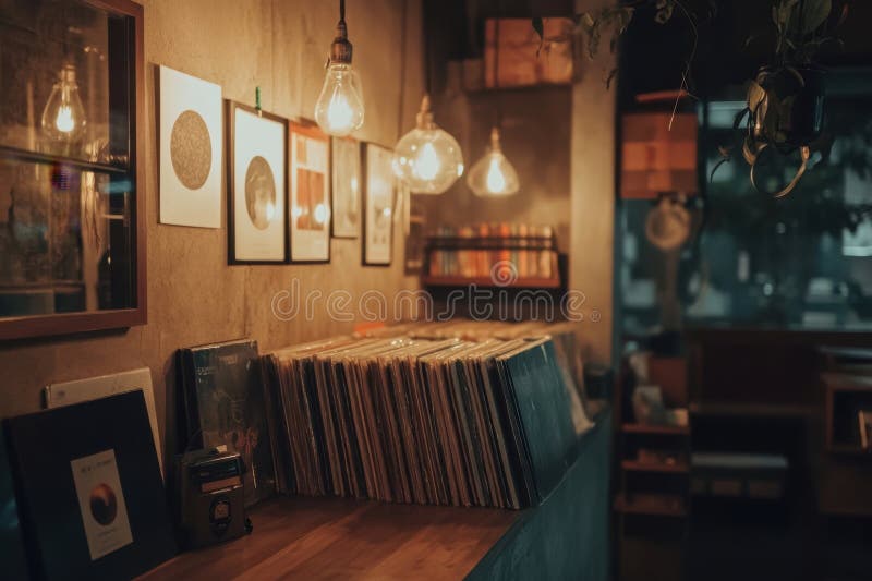 Cozy Vintage Vinyl Records Display in Artistic Caf Setting Stock Illustration - Illustration of ...