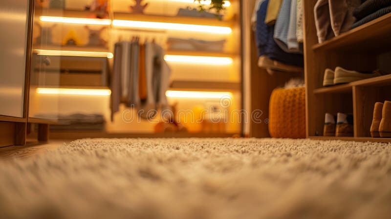 Cozy Walk-in Closet with Soft Carpet and Warm Lighting Stock ...