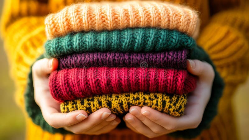 Cozy and Warm Colorful Wool Sweaters Stacked Neatly in Hands for a ...