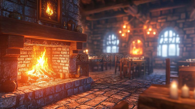 Cozy and Warm Fireplace Set within an Inviting Stone Tavern Interior ...