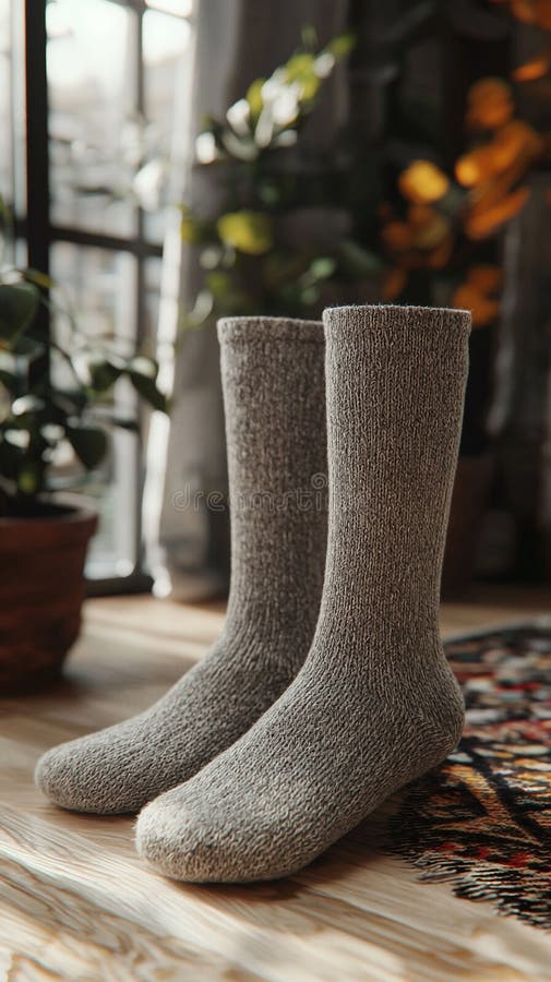 Cozy Warm Grey Wool Socks on Wooden Floor Near Window Stock ...