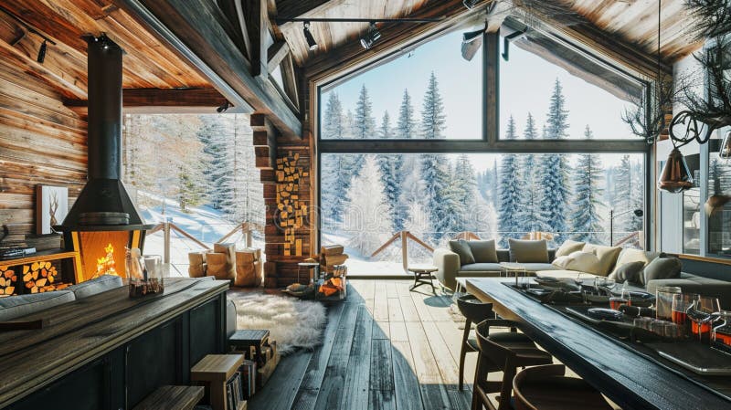 Cozy Warm Home Interior of a Chic Country Chalet with a Huge Panoramic ...