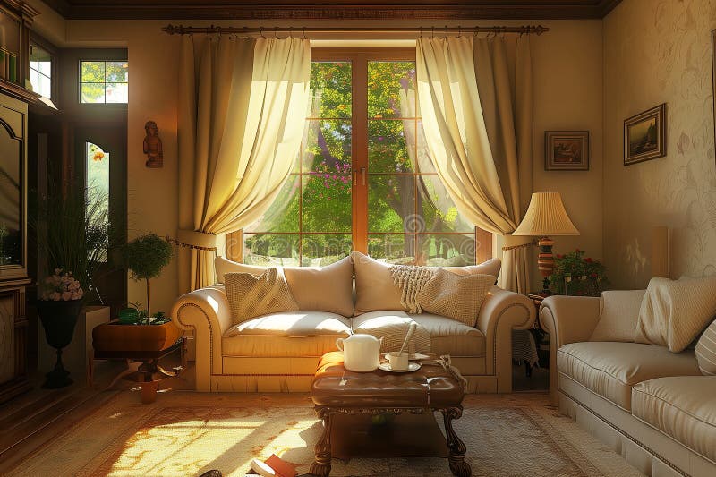 Cozy Warm Light Living Room Interior. Big Windows, Sofas and Greenery. Generative AI Stock Image ...