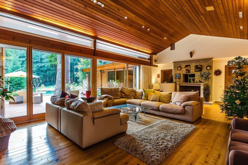 Cozy Warm Light Living Room Interior. Big Windows, Sofas and Greenery ...