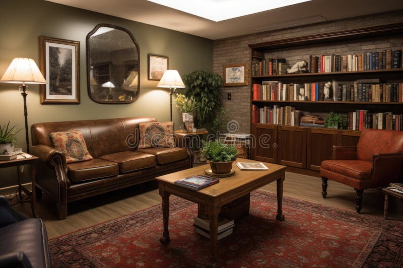 A Cozy, Warm Reception Area with Couches and Coffee Table Books Stock ...