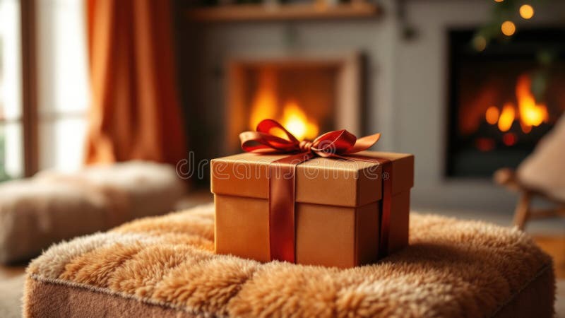 Cozy Warm Room with Gift Box by Fireplace and Fluffy Textures in ...