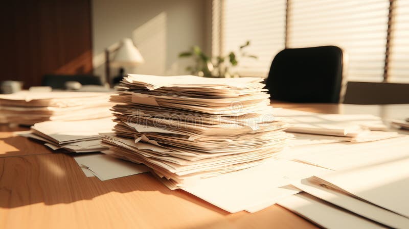 Cozy and Warmly Lit Workspace with a Stack of Papers on the Desk ...
