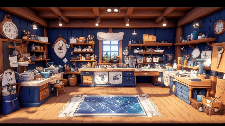 Cozy, Well-equipped Workshop Kitchen with Ample Storage, Showcasing a Warm and Inviting ...