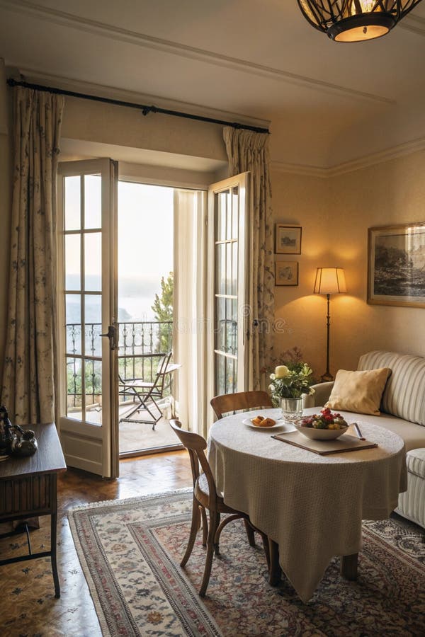 Cozy, Well-lit Living Room with a Round Dining Table, Comfortable Sofa ...