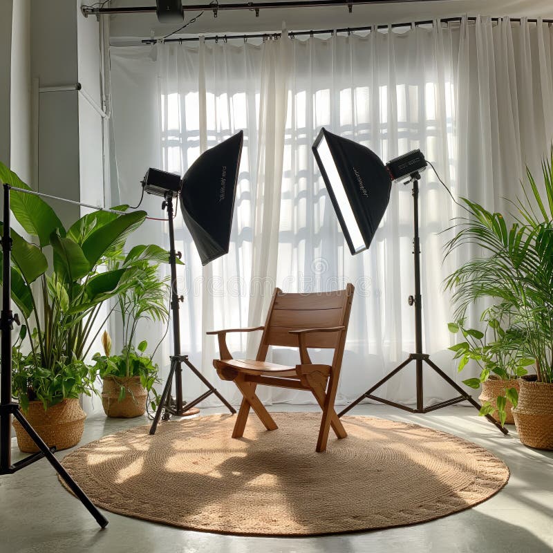 Cozy Well-Lit Studio with Stylish Chair and Professional Lighting Stock ...