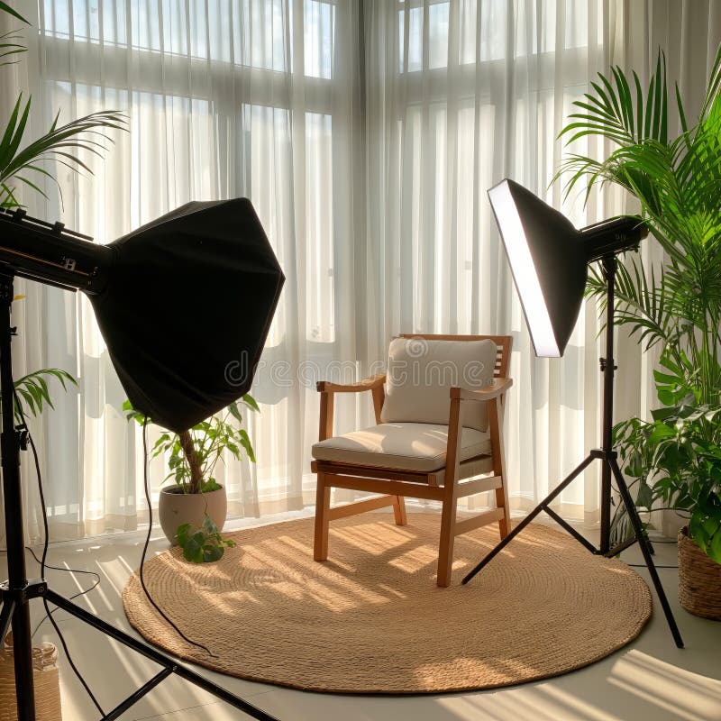 Cozy Well-Lit Studio with Stylish Chair and Professional Lighting Stock ...