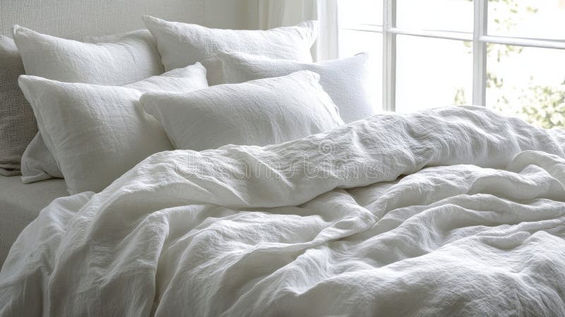 Cozy White Bedding Setup in a Sunlit Bedroom with Soft Textures and ...