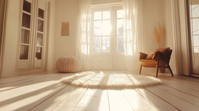 Cozy White Interior with Wooden Textures and Sun. Stock Image - Image ...