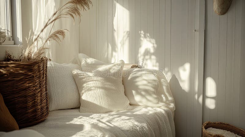 Cozy White Interior with Wooden Textures and Sun. Stock Image - Image ...