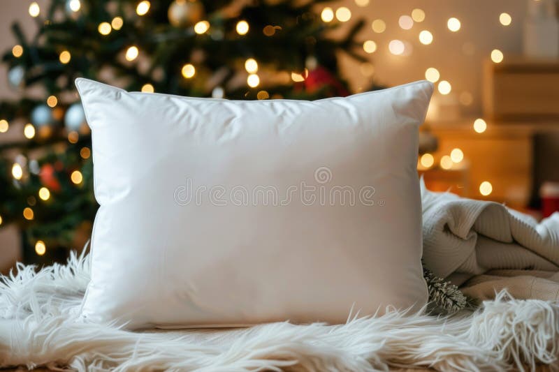Cozy White Pillow on Fur Blanket with Christmas Tree Lights Background ...