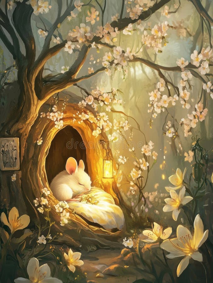 Cozy White Rabbit Sleeps Peacefully Inside Tree Hollow Surrounded by ...