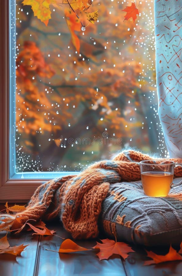 Cozy Window Scene with Blanket and Cup of Tea Stock Photo - Image of ...