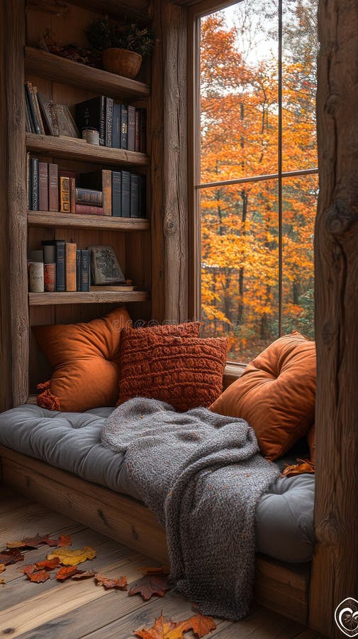 Cozy Window Seat with Autumn Leaves Illustration Stock Illustration ...