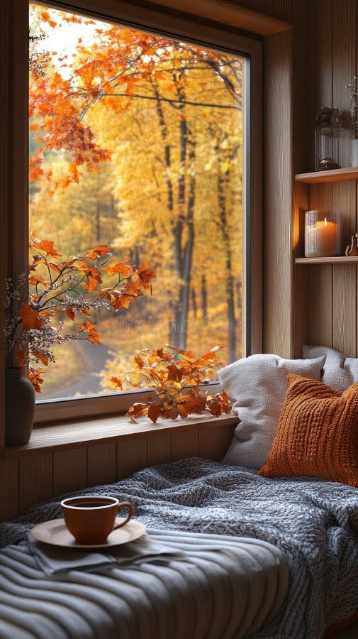 Cozy Window Seat with Autumn View - 3D Illustration Stock Illustration ...