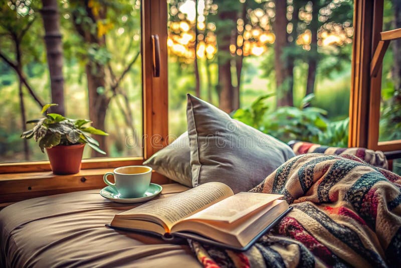 Cozy Window Seat with Book, Coffee, and Blanket Stock Illustration ...
