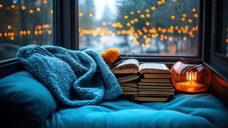 Cozy Window Seat with Books and Warm Lighting Stock Illustration ...