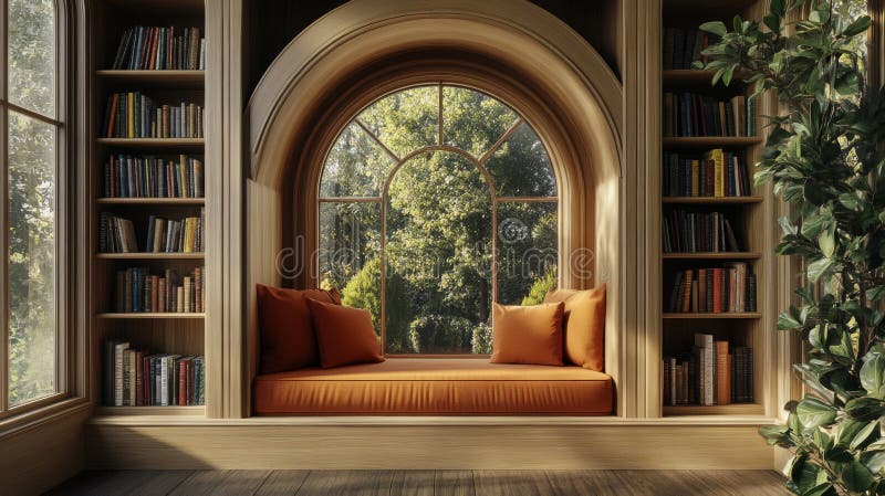 Cozy Window Seat with Bookshelves and Arched Window Stock Illustration ...