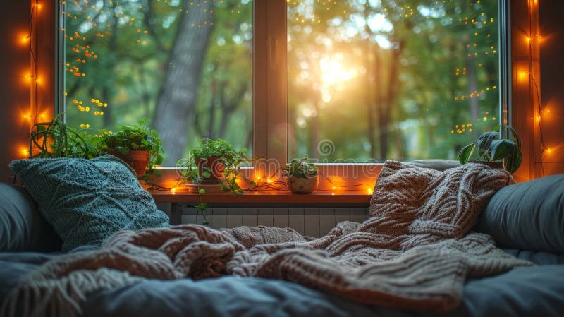 Cozy Window Seat with String Lights and Plants Stock Photo - Image of ...