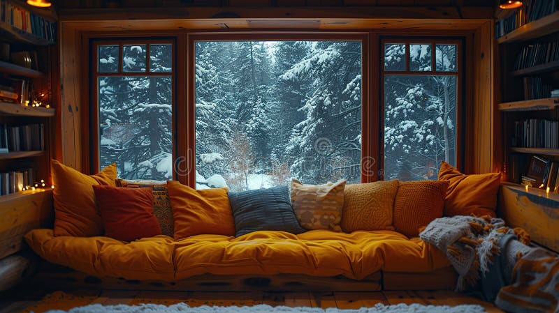 Cozy Window Seat with a View of a Snow-covered Forest Stock ...