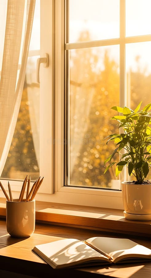 Cozy Window View with Sunlight Streaming through Illuminating a Book ...
