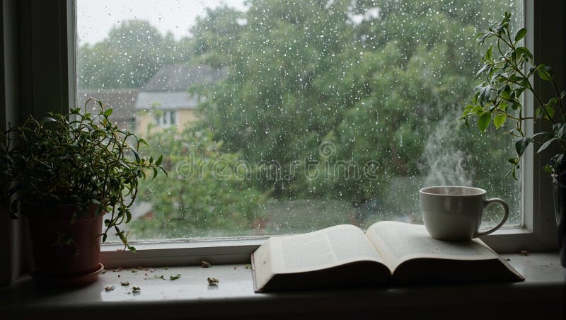Cozy Windowsill Scene with Rain Tea Book and Plant Stock Illustration ...