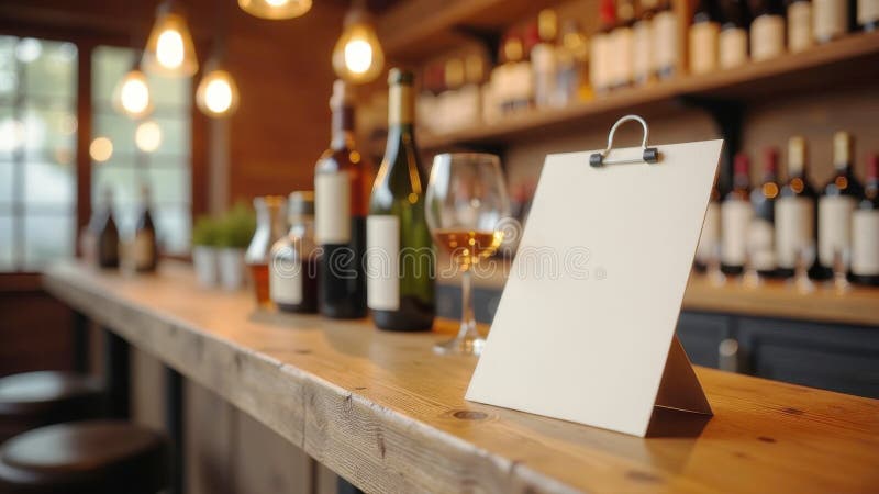 A Cozy Wine Bar Featuring a Blank Menu Standing on a Rustic Wooden ...