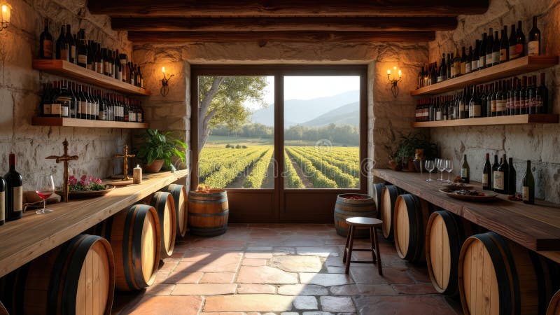Cozy Wine Cellar with Shelves of Bottles and Stunning Vineyard Views at ...
