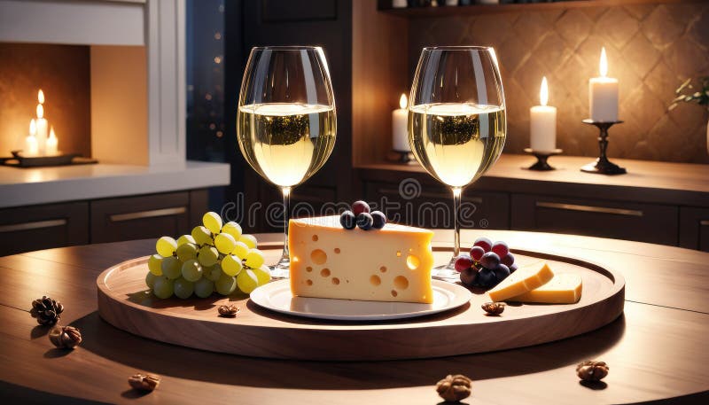 Cozy Wine Tasting Setting Two Glasses of White Wine, Cheese, and Grapes ...