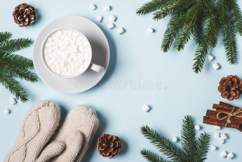 Cozy Winter Background. Cup of Cocoa with Marshmallow, Mittens and Fir ...