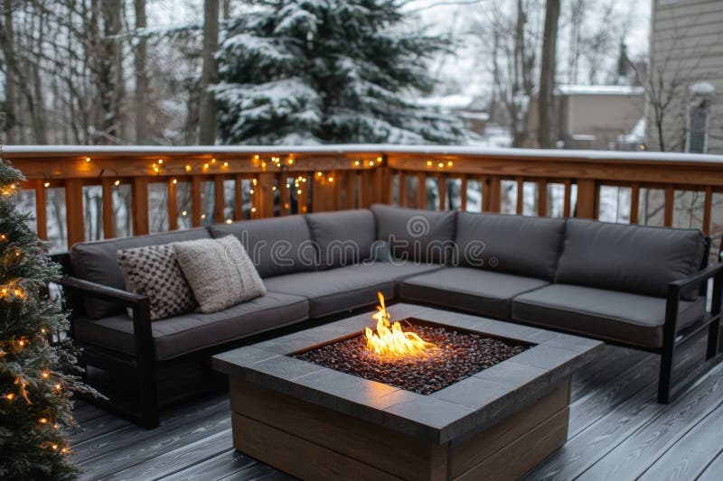 Cozy Winter Backyard Deck with Fire Pit and Inviting Seating Area ...