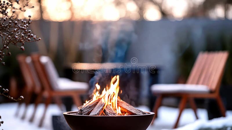 Cozy Winter Backyard Deck with Fire Pit and Sitting Area Stock Video ...