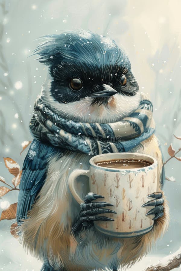Cozy Winter Bird Holding Warm Mug in Snowy Forest during Snowfall Stock ...