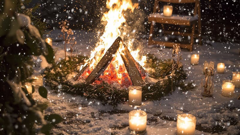 Cozy Winter Bonfire with Candles and Snowfall Stock Photo - Image of ...