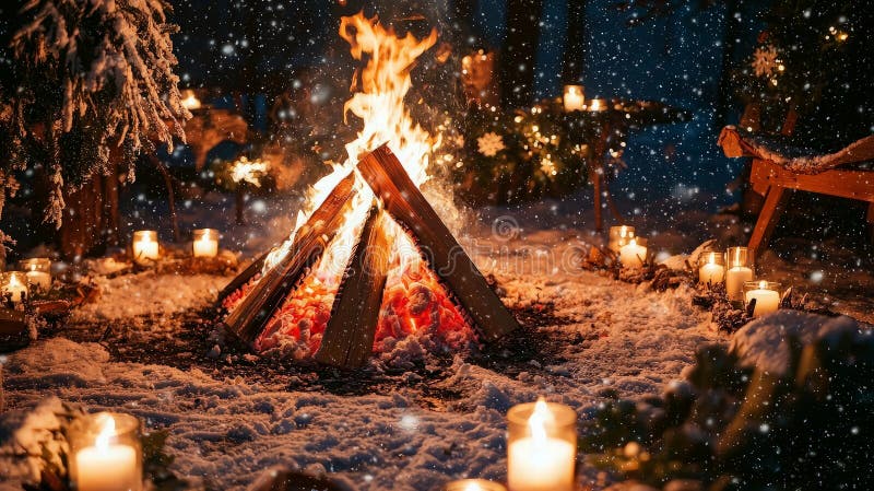 Cozy Winter Bonfire with Candles in Snowy Forest Stock Image - Image of ...