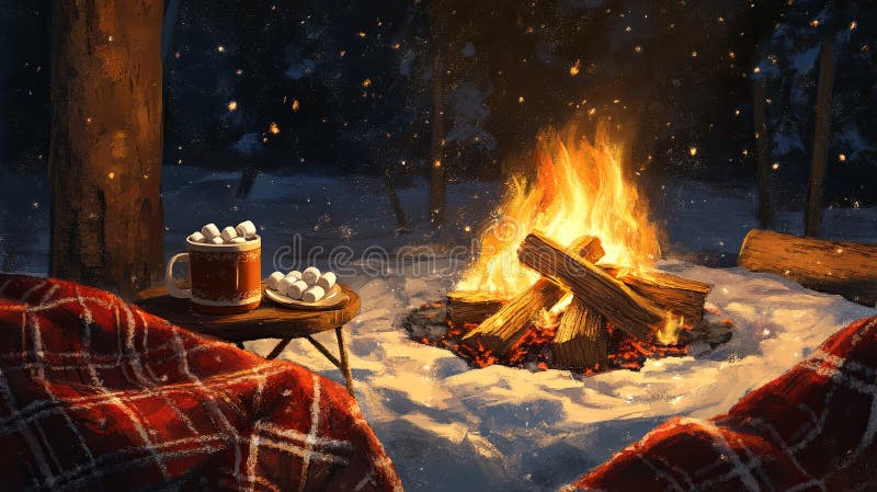 A Cozy Winter Bonfire with Marshmallows, Warm Blankets, and Hot Cocoa ...