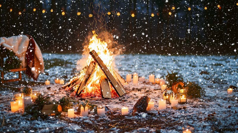Cozy Winter Bonfire Scene with Candles and Snowfall Stock Photo - Image ...