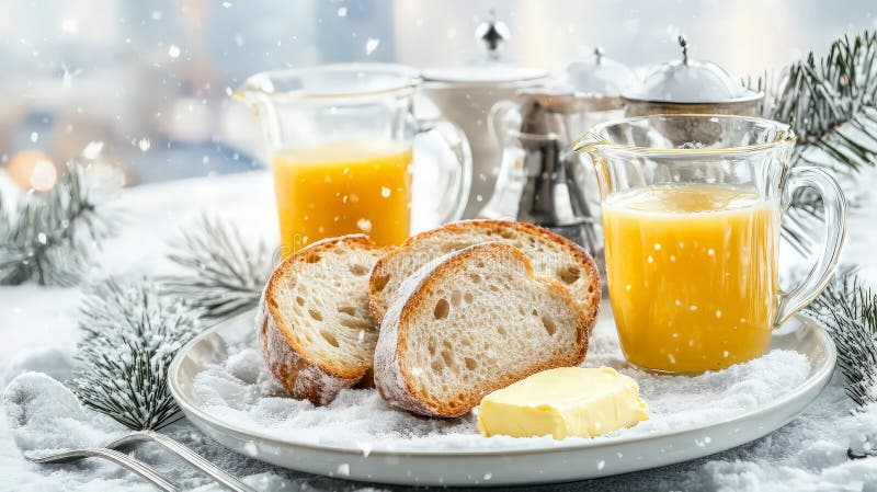 Cozy Winter Breakfast Bread, Butter, and Orange Juice on Snowy Table ...