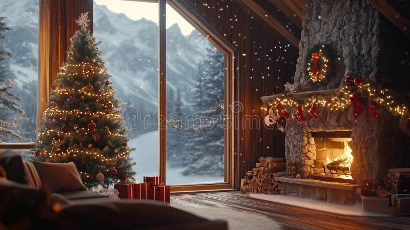Cozy Winter Cabin with a Decorated Christmas Tree Stock Image - Image ...