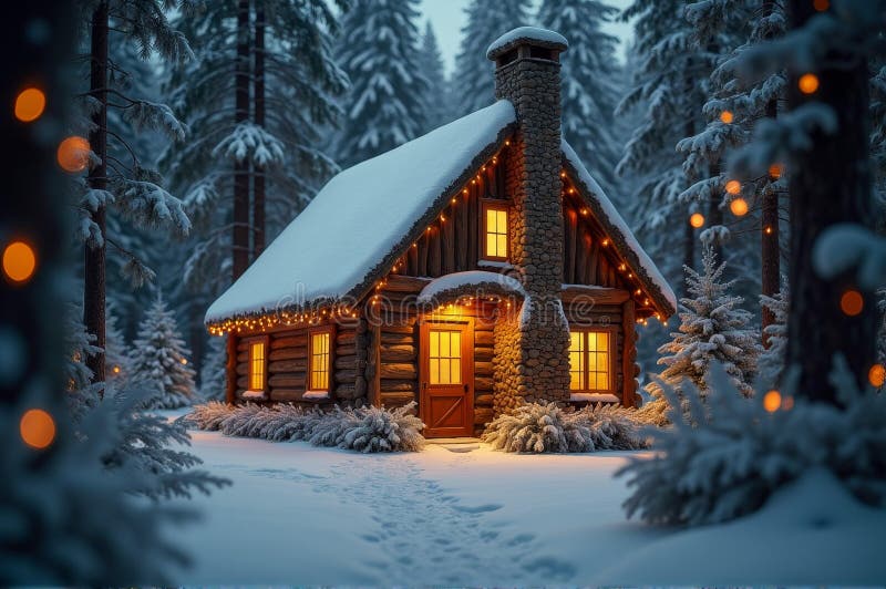 Cozy Winter Cabin with Festive Lights Surrounded by Snowy Pine Trees ...