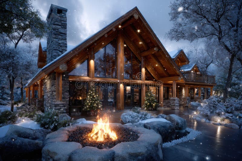 Cozy Winter Cabin with a Fire Pit Surrounded by Snow-covered Trees at ...