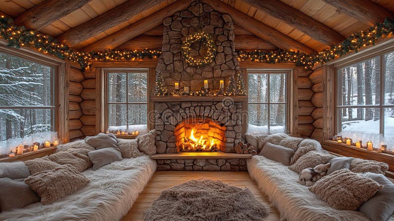 Cozy Winter Cabin with Fireplace and Snowy View Stock Illustration ...