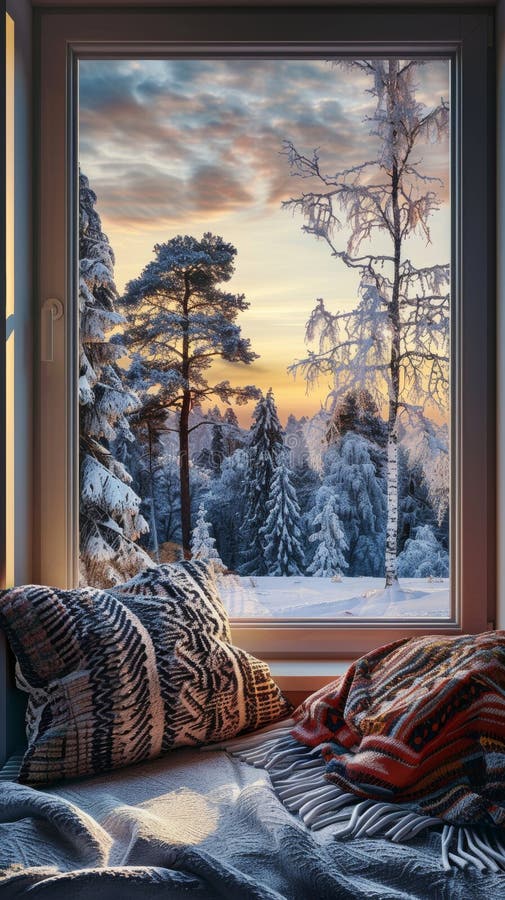 Cozy Winter Cabin with Forest View at Sunset, Home Comfort Concept ...