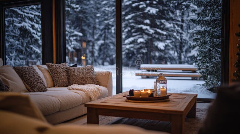 Cozy Winter Cabin Interior with Wooden Table and Snowy Forest View ...