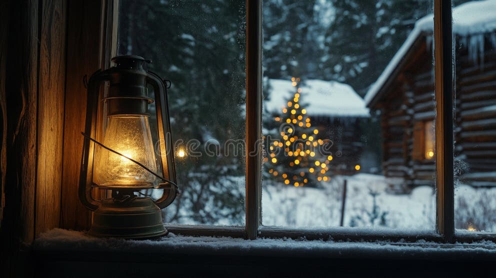 Cozy Winter Cabin with Lantern Light and Snowy Pine Tree by Nightfall ...
